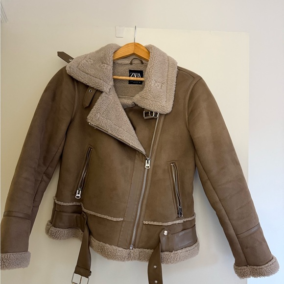 Zara | Jackets & Coats | Zara Tan Leather Aviator Jacket With Shearling ...